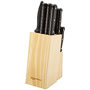 Amazon Basics 14-Piece Kitchen Knife Set with High-Carbon Stainless-Steel Blades and Pine Wood Block, Black