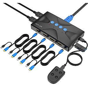 MT-VIKI KVM Switch 4 Port, HDMI KVM Switch for 4 Computers Share One HD 4K Monitor and 3 USB Devices Keyboard Mouse Printer, Including 4 KVM Cables and Wire-Desktop Controller