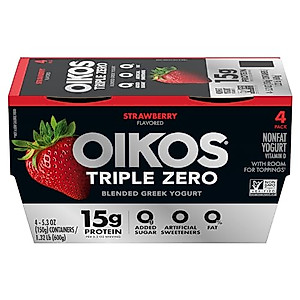 Oikos Triple Zero Strawberry Nonfat Greek Yogurt Pack, 0% Fat, Sugar Free and 0 Artificial Sweeteners, Just Delicious High Protein Yogurt, 4 Ct, 5.3 OZ Cups