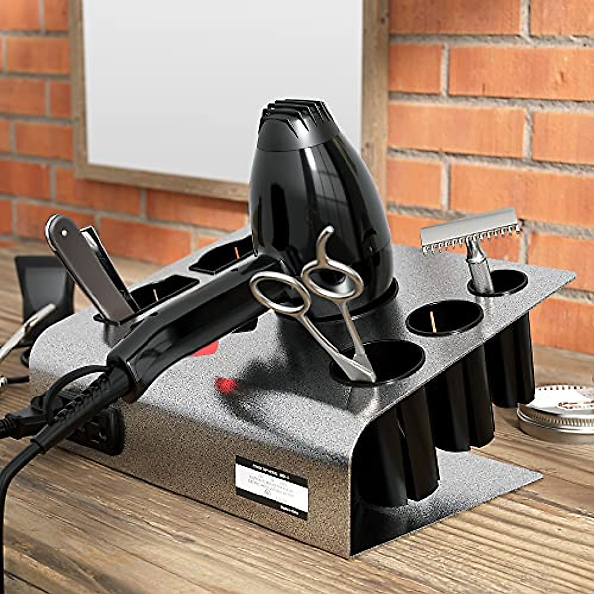 PENNYNANA Large 8-Hole Salon Desktop Hair Iron & Blow Dryer Holder，Hair Tool Organizer Barber Organizer w/ 3-Plug Outlet,Metallic…