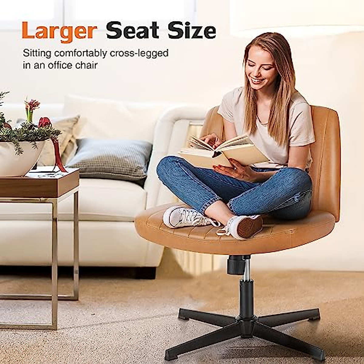 Sweetcrispy Office Chair No Wheels - Armless Desk Chair No Wheels Cross Legged Office Chair Wide Swivel Home Office Desk Chairs