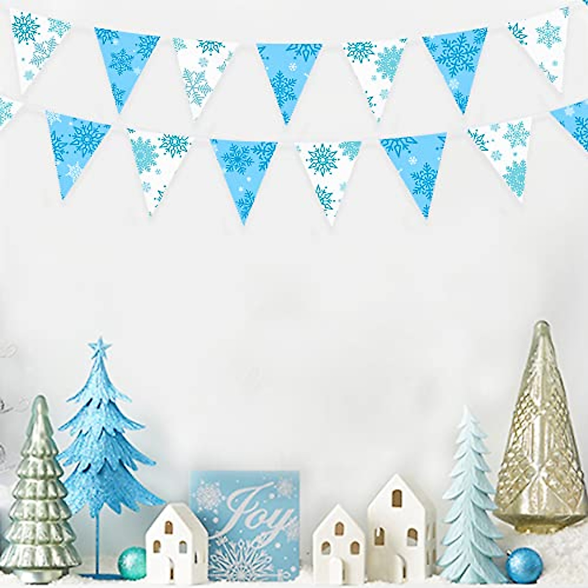 32Ft Blue and White Snowflakes Banner Triangle Flag Pennant Bunting Fabric Garland Streamers for Winter Wonderland Christmas Frozen Birthday X-mas New Years Party Festivals Hanging Decorations