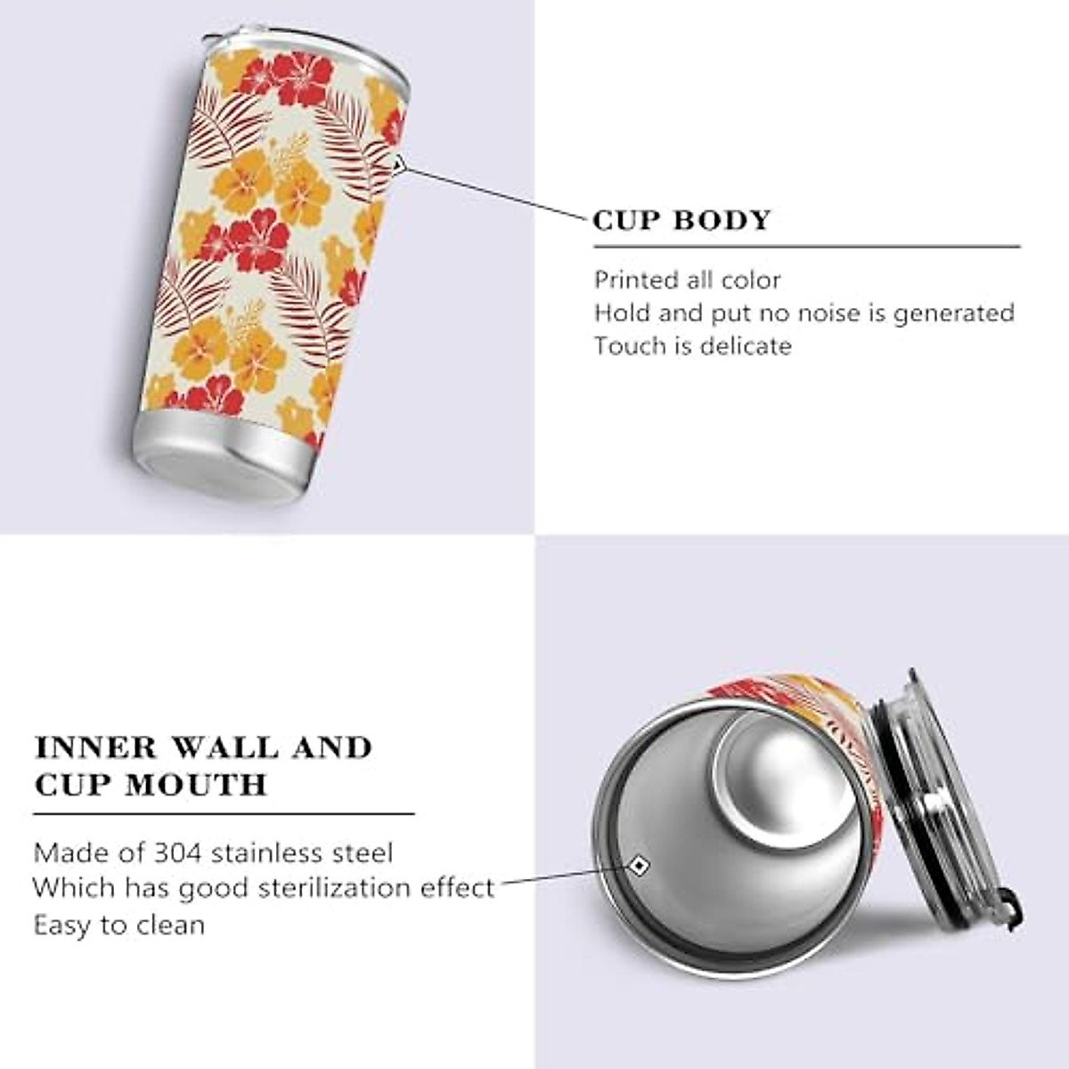 Tropical Style Flower Leaves Yellow and Red Stainless Steel car cup with Lid and Straw mug for hot drinks for hot and cold drinks leakproof flip straw tumbler 20 OZ