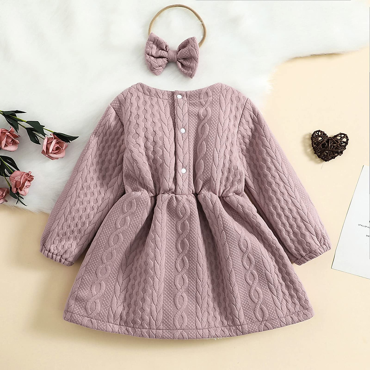 Baby Girl Knit Dress Long Sleeves Sweater Dress Toddler Fall Winter Outfits with Bowtie (Pink, 6-12 Months)