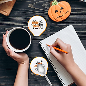 Whaline 2Pcs Halloween Witch Coffee Spoon Rest Hocus Pocus Pumpkin Bat Ceramic Teaspoon Holder Spooky Sauce Dishes Dipping Bowl Ring Dish for Halloween Teacher Gift Kitchen Office Bar Coffee Stirrers