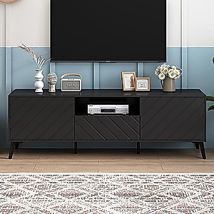 Merax Modern TV Stand for 70" Television, Entertainment Center with Adjustable Shelves, 1 Drawer, Open Shelf and Metal Feet, Media Console Table, for Living Room, 66.9 inch Length, Black
