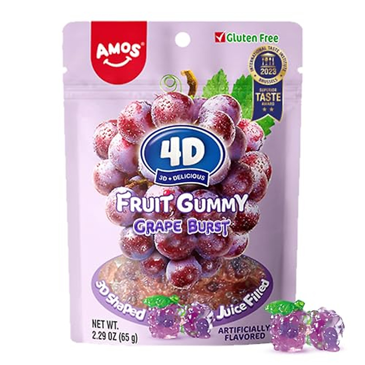 Amos 4D Gummy Candy Grape Burst, Fruity Snacks Central Jelly Filled, Halloween Candy Gift, Resealable 2.29oz Bag for Halloween Parties（Pack of 6）