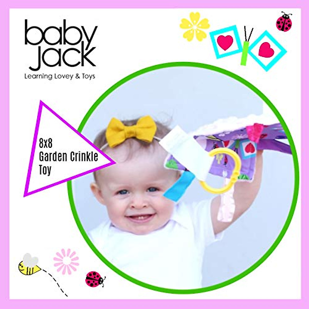 Baby Jack & Co 8x8” Garden Lovey Tag Toys for Babies - Baby Crinkle Toys - Crinkle Toys for Baby - Soft & Safe - Learn Shapes & Colors - Ideal Baby Toy - BPA Free w/Stroller Clip
