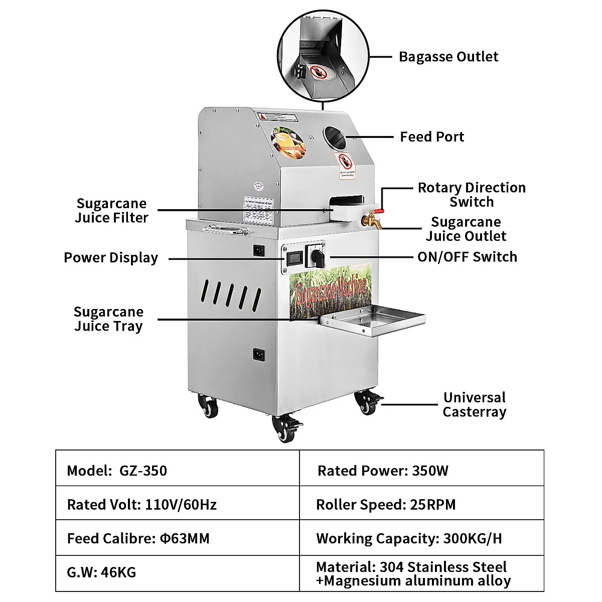 Commercial Electric Sugar Cane Juicer Sugarcane Juicing Extractor 304 Stainless Steel Celery Ginger Sweet Sorghum Press Machine, 110V 350W