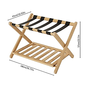 Semiocthome 2 Pack Fully Assembled Luggage Rack, Folding Suitcase Stand with Storage Shelf, Wood Suitcase Rack fit Most Luggage Size, Luggage Holders Stand for Guest Room Bedroom and Hotel (Wood