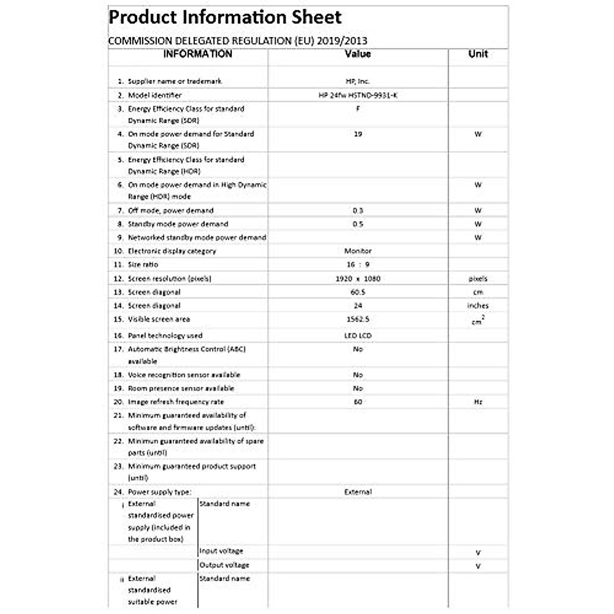 HP 24" LED (HDMI, VGA) 24FW