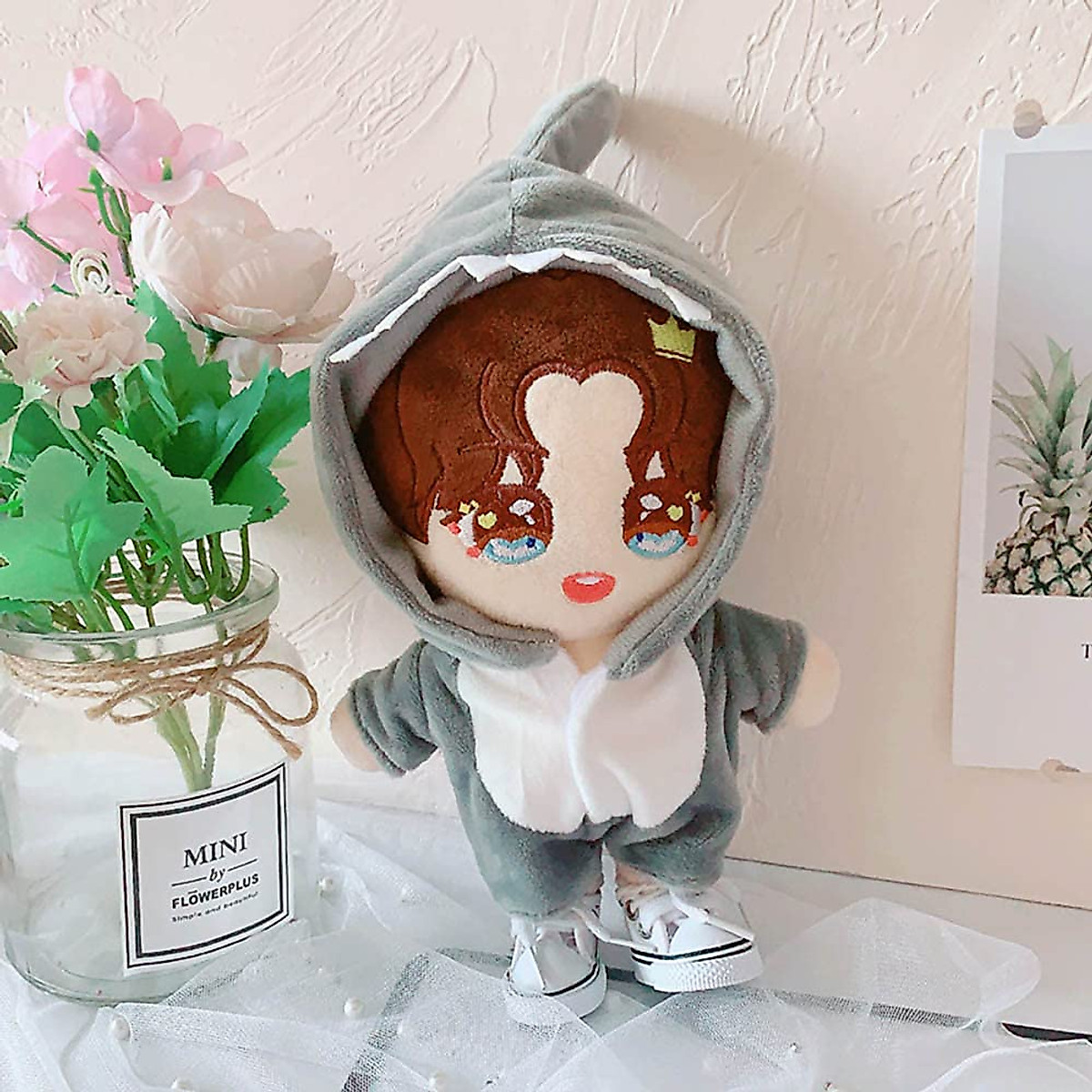 niannyyhouse Shark Clothes 20cm(7.8in) Plush Doll Clothes Onesies + Shoe 2-Piece Set Gray Pajamas (Gray)