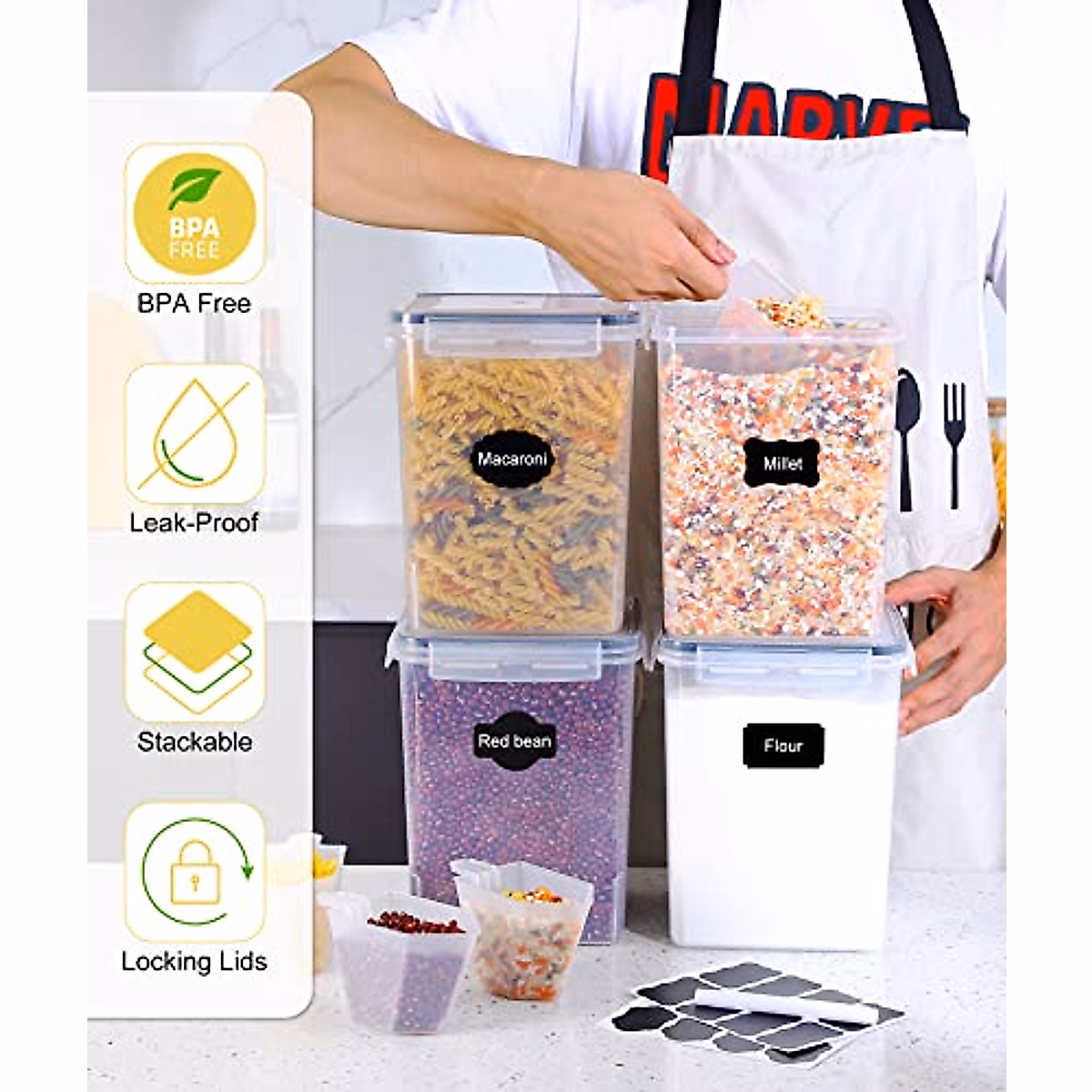 Pantry Organization and Storage Set 4 Pieces Kitchen Containers with Lids Large 5.2L Dry Food Storage Containers Airtight Bulk Plastic Flour Sugar Containers with Measuring Spoon,Labels