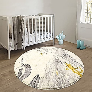 HAOCOO Round Area Rugs 3' Diameter Modern Abstract Beige Marble Throw Rugs Super Soft Velvet Non-Slip Chic Distressed Accent Floor Carpet for Bedroom Living Room Nursery Decor