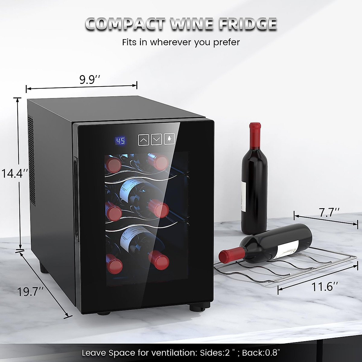 Mojgar 6 Bottle Wine Cooler, Freestanding Small Wine Fridge with 46-66℉ Digital Temperature Control Thermoelectric Wine Cooler, Countertop Wine Cooler for Wine Enthusiasts, 16L Wine Refrigerator