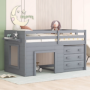 CITYLIGHT Low Loft Bed with Storage,Wood Twin Size Loft Bed with Cabinet and Shelf,Kids Loft Bed Frame for Girls Boys,Grey