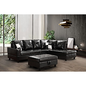 GINGVAT Black Faux Leather Sectional Sofa Living Room Furniture Set, L-Shape Couch with Right Chaise, Storage Ottoman, and 2 Pillows