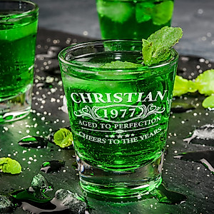 Personalized Beer Glass 46th Birthday Gift for Men Vintage Aged To Perfection 46 Years Old 1977 Etched 2 oz Shot Glasses Pair Set of 2 Custom Birthday Gift for Fathers, Dads, Husbands