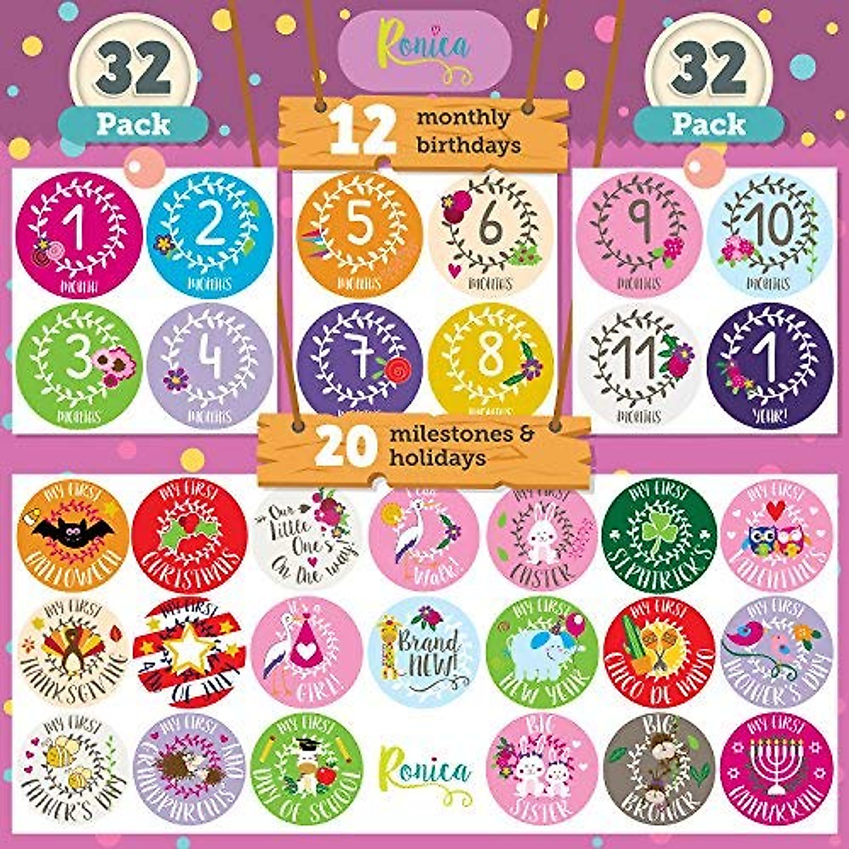 Massive Pack of 32 Ronica Baby Girl Stickers: 12 Baby Monthly Stickers + 20 Popular Milestones Baby Stickers - Record Your Baby's Growth, Holidays and Special Firsts - Unique Baby Gifts