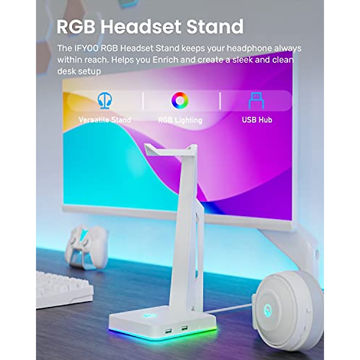 IFYOO RGB Gaming Headset Stand with 2 USB Ports, Game Headphone Mount for PC, Xbox One, PS4, Switch, Earphone Holder Hanger, Great for Gaming Stations, Fancy Desk Gamer Accessories, White