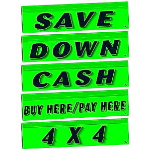 Versa Tags Windshield Slogan Stickers 12 Pack Each of Save, Down, Cash, Buy HERE Pay HERE, 4X4 (60) Window Stickers Total Dealership Stickers Black On Green