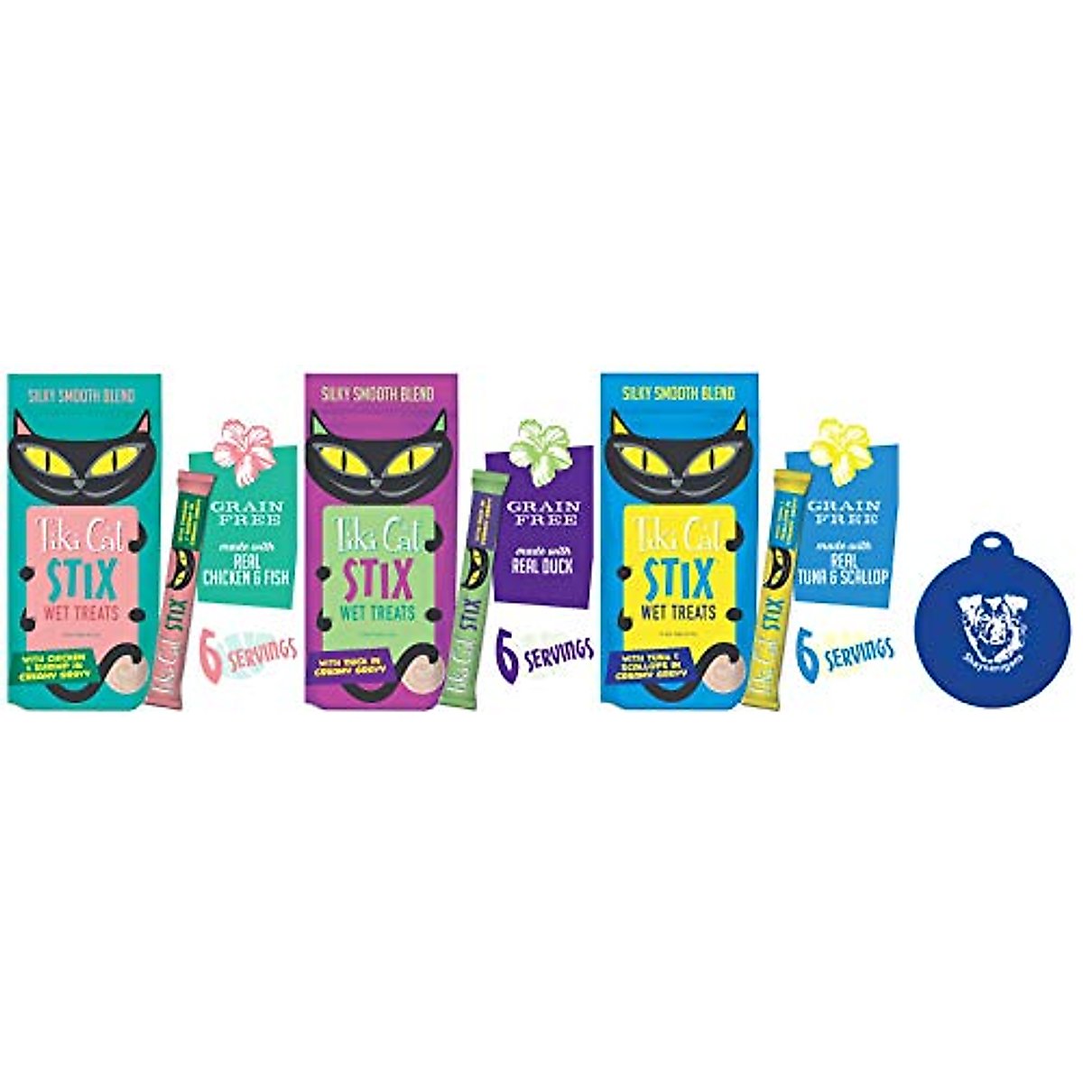Tiki Cat Stix Wet Mousse Single-Serve Treats in 3-Flavor Bundle: 1 Tuna and Scallops, 1 Duck and 1 Chicken and Shrimp (3 Packs Total, 6 Stix per Pack, 18 Stix Total) Plus Shaynanigans Silicone Lid