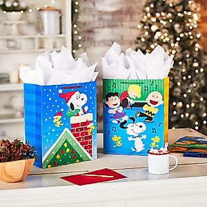 Hallmark Peanuts Christmas Gift Bag Bundle (4 Large 13" Gift Bags, 2 Designs) Snoopy, Woodstock, Charlie Brown and Friends