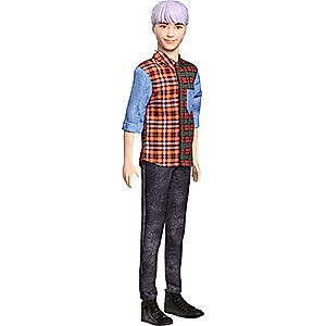 Barbie Ken Fashionistas Doll #154 with Sculpted Purple Hair Wearing a Color-Blocked Plaid Shirt, Black Denim Pants & Boots, Toy for Kids 3 to 8 Years Old