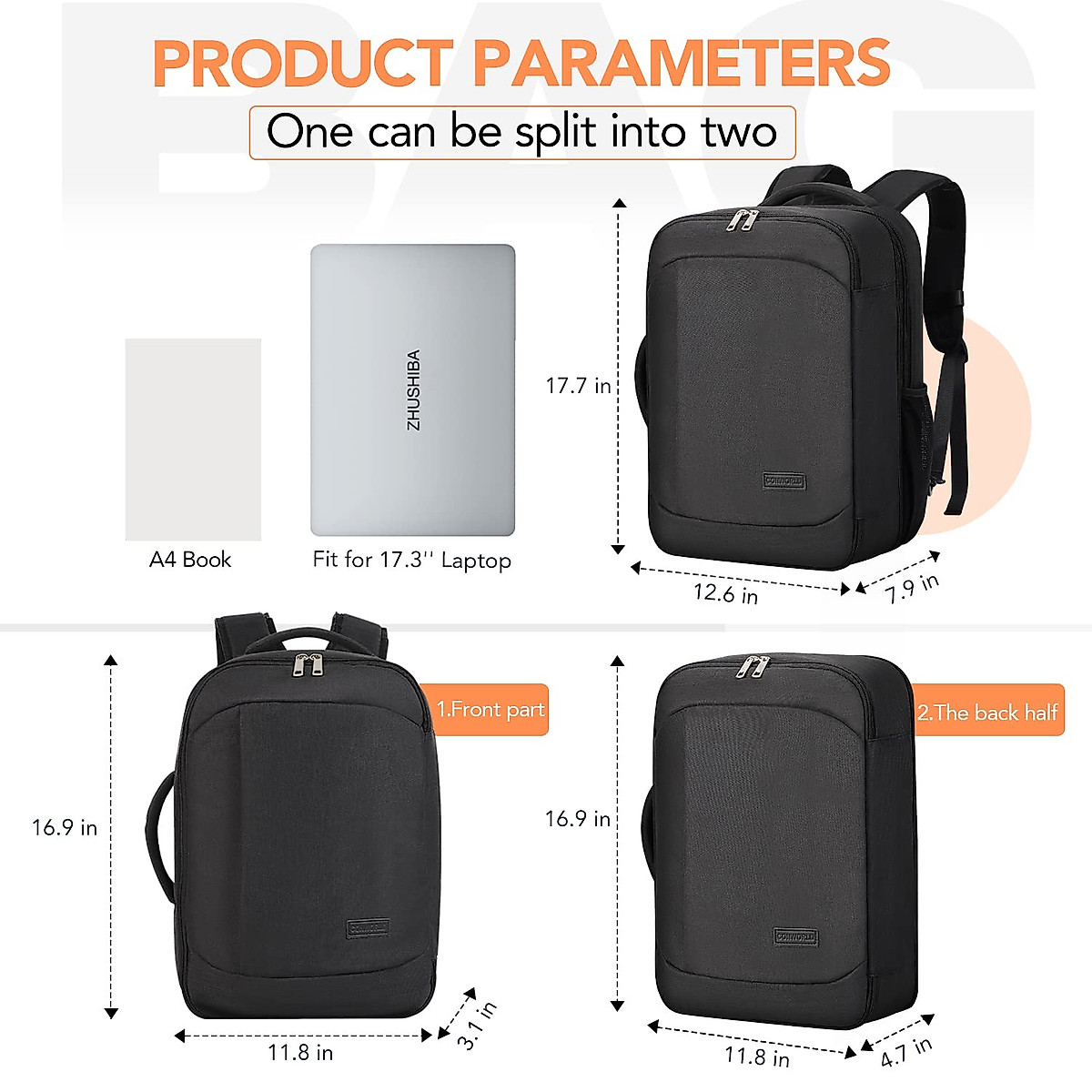 Conworld Travel Backpack 2 in 1, 40L Flight Approved Carry On Backpack for Men Women, Combination Carry on Backpack Lightweight Business Weekender Overnight Large Backpack