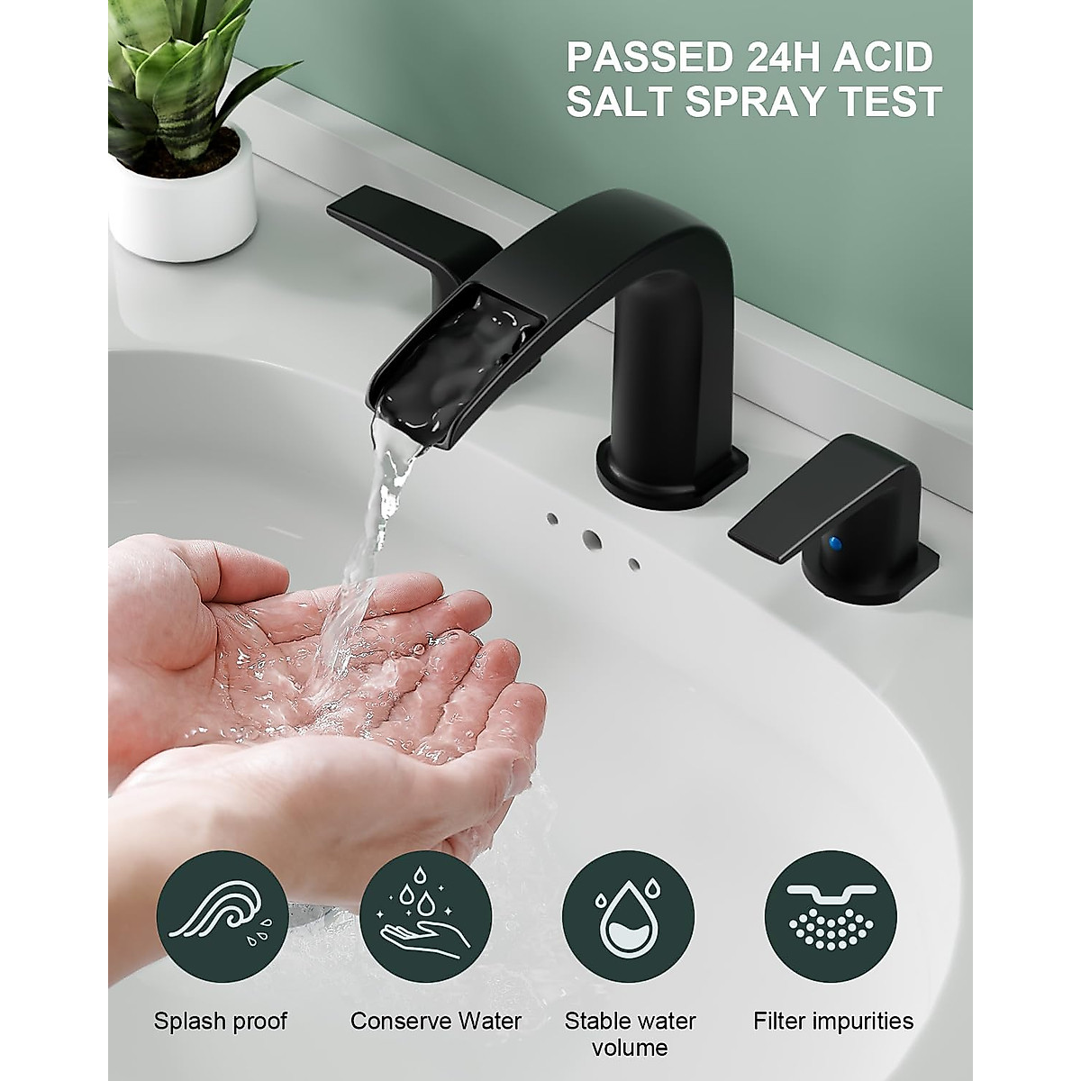 Waterfall Bathroom Sink Faucet, 3 Hole Matte Black Brass Modern Deck Mount 2 Handle Vanity Faucet with Metal Pop-up Drain Stopper & Water Supply Hoses