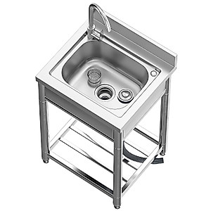 Free Standing Stainless-Steel Single Bowl Commercial Restaurant Kitchen Sink Set w/Faucet, Prep & Utility Washing Hand Basin w/Storage Shelve, laundry tub for Indoor Outdoor (22in)