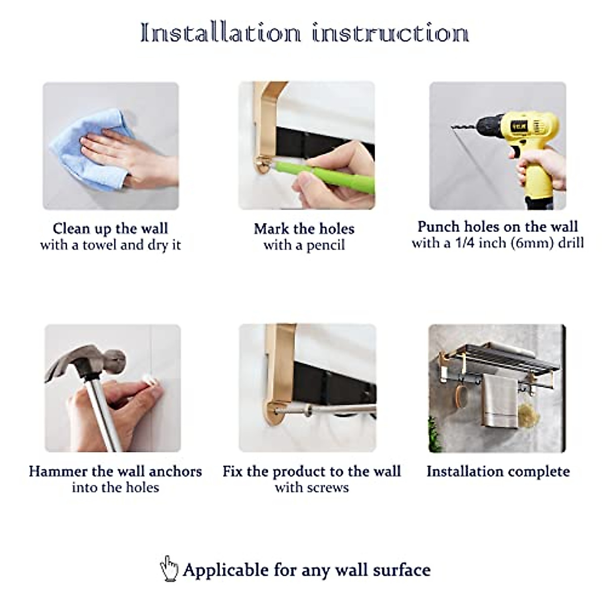 ROZZWILD Towel Rack Wall Mounted 24 Inch Adhesive No Drill Towel Storage Shelf with 5 Hooks for Bathroom Aluminum Alloy Rustproof Matte Black Gold