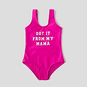 IFFEI Family Matching Swimsuits One Piece Monokini Letter Print Matching Swimwear Mommy and Me Bathing Suits Girls: 6-7 Years Hot Pink