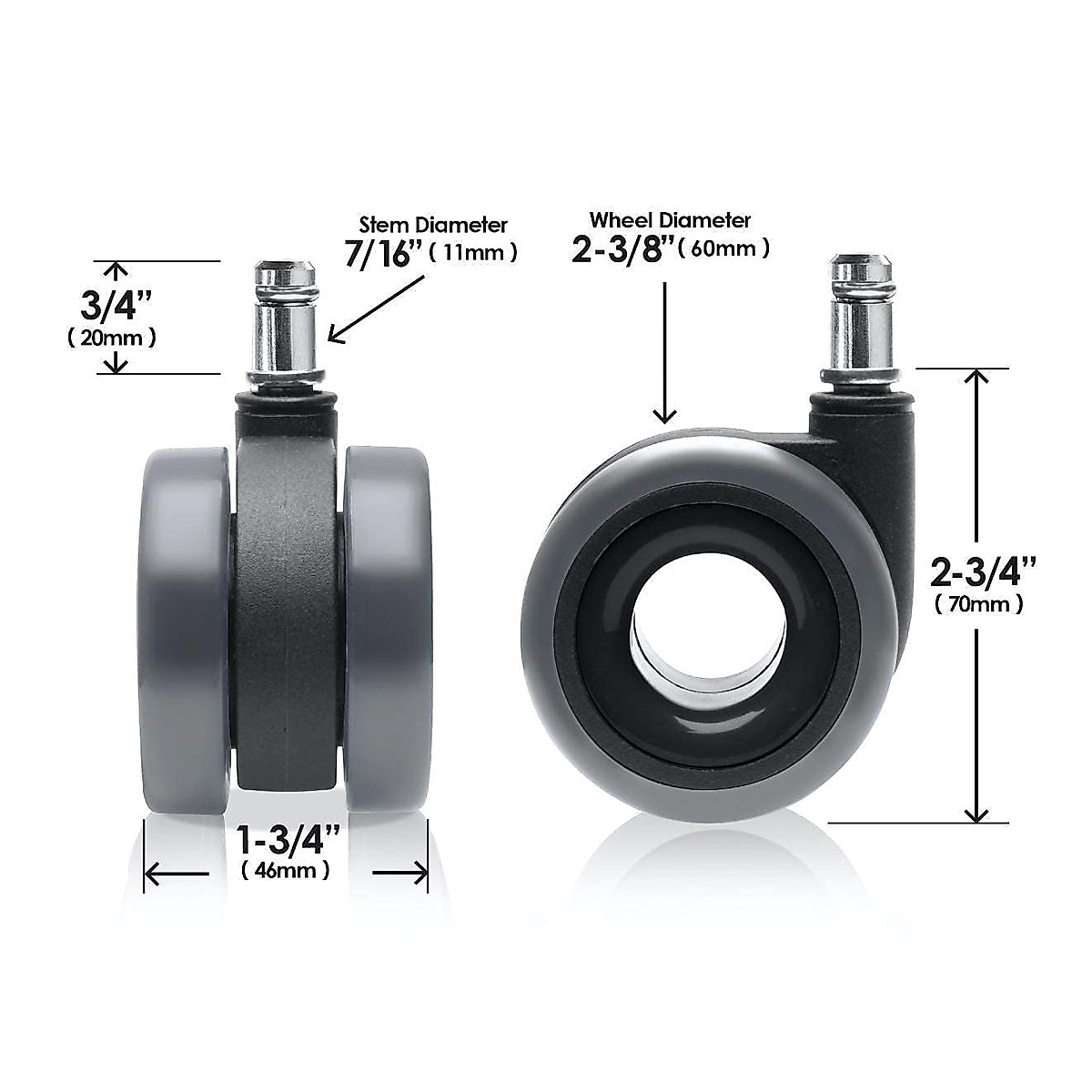 Slipstick CB685 Dual Bearing Rubber Office Chair Caster Wheels (Set of 5 Castors) Universal Fit Replacement Chair Casters for Hardwood Floors & Carpet, 2-3/8” Twin Rollers, 7/16 Inch Stem