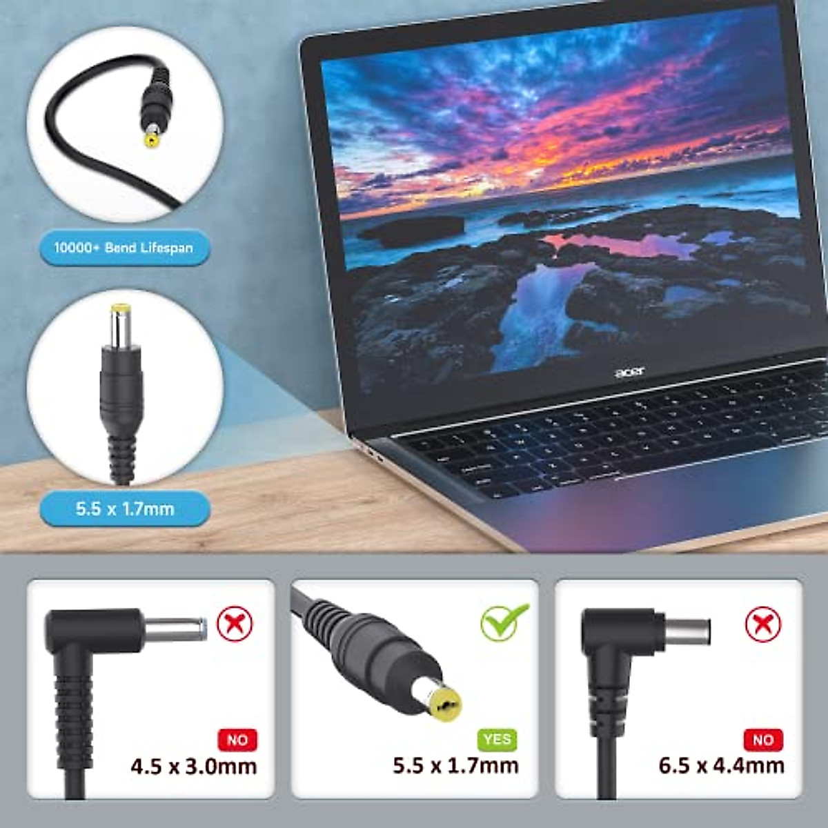 19V 3.42A 65W AC Laptop Charger for Acer Aspire 5 E15 E1 F15 ES1 E5-574 E5-575 E5-575-33BM A515-43-R19L Aspire 7560 5517 5253 5750 5250 5349 5552 5733 5532 Adapter Supply Cord