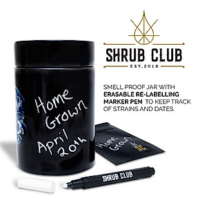 Shrub Club Smellproof Jar - Includes Airtight Black Glass Herb Storage Jar with Marker, Odor-Proof Bag & Humidity Pack (Lotus 250ml)
