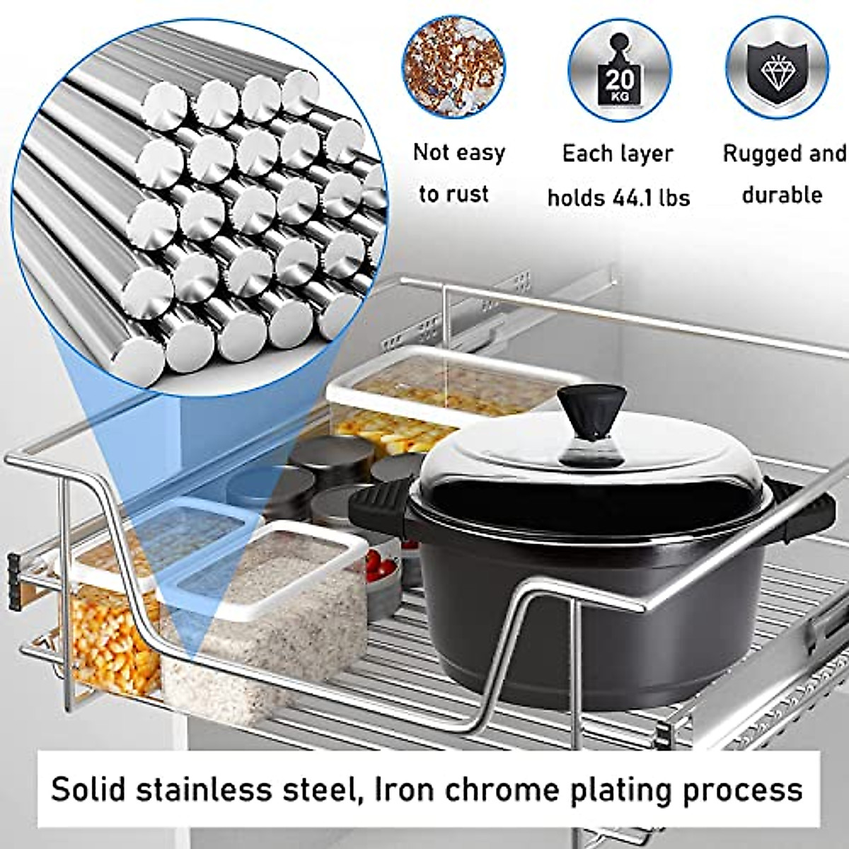 MYOYAY 2Pcs Pull Out Cabinet Organizer Bowls Dishes Storage Shelf Extendable Sliding Kitchen Drawer Heavy Duty Seasoning Cutlery Cookware Storing Basket Home Dining Organization