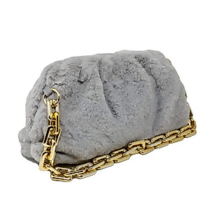 Women’s Dumpling Chain Pouch Bag | Cloud-Shaped Faux Fur Clutch Purse | Aluminum Chain Link Shoulder Ruched Handbag (Medium, Grey)