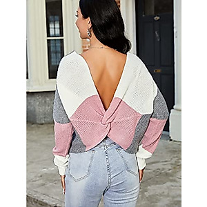 ZAFUL Women's Fashion Colorblock Sweater Knot Back V Neck Sexy Knit Pullover Long Sleeve Top (0-Multi, M)