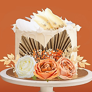 28 Pcs Boho Cake Topper Decorations Vintage Artificial Rose Flowers Leaves for Cake Decorating Kit Dried Faux Flower Decor for Bohemian Wedding Bridal Baby Shower Birthday Party Supplies (Orange)