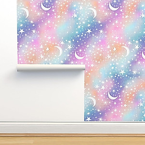 Peel & Stick Wallpaper Swatch - Celestial Rainbow Boho Nursery Ombre Pastel Stars Moon Clouds Night Sky Multicolor Custom Removable Wallpaper by Spoonflower