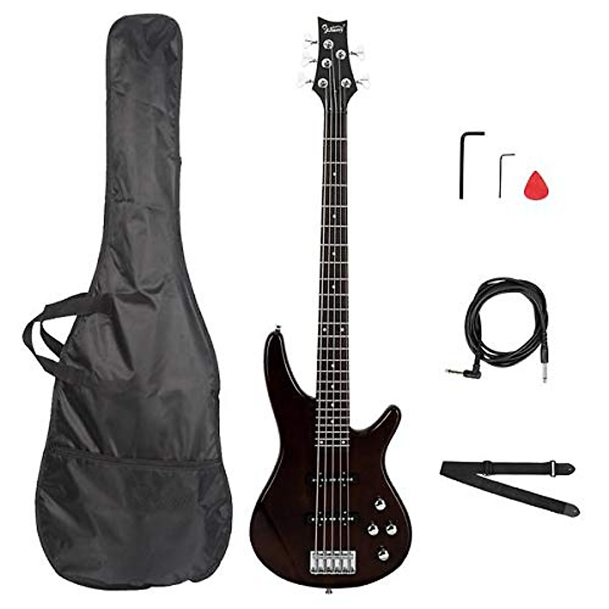 [Do Not Sell on Amazonf]Glarry GIB Electric 5 String Bass Guitar Full Size Bag Strap Pick Connector Wrench Tool Earth Brown