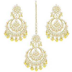 Aheli Bollywood Ethnic Chandbali Style Big Earrings Maang Tikka Set Indian Traditional Bollywood Fashion Jewelry for Women (Yellow)