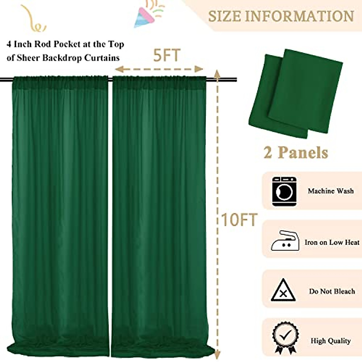 MODFUNS Emerald Green Curtains Backdrop 10x10FT 2 Panels Chiffon Fabric Curtain for Bridal Sheer Backdrop Curtains for Reception Prom Sheer Wedding Curtain Backdrop for Party Receprtion Window Drapes
