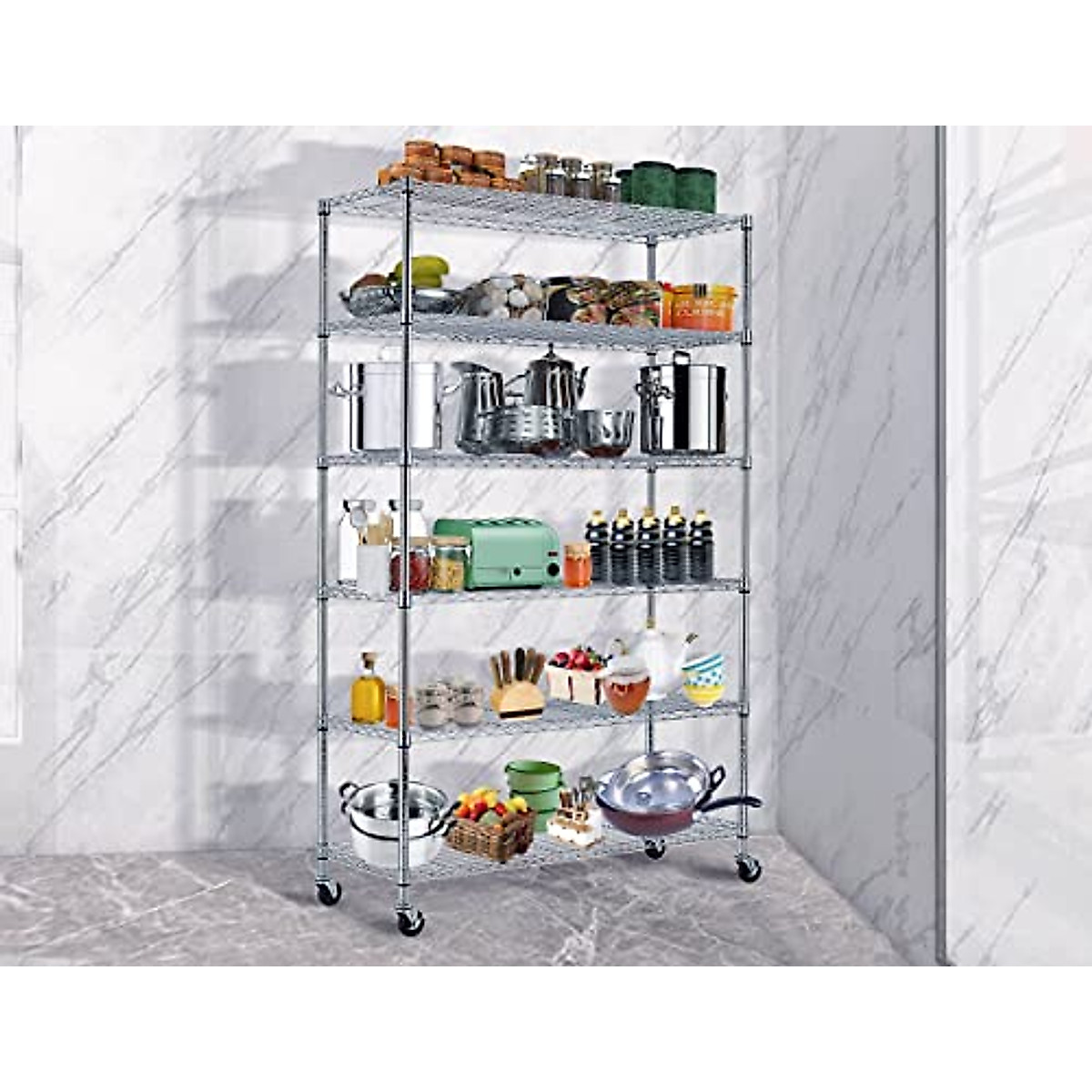6-Tier Metal Wire Shelving Unit w/Wheels Height Adjustable Storage Rack NSF Certified Storage Shelves 2150/500 Lbs Capacity Standing Utility Shelf for Laundry Kitchen Pantry Garage Organization