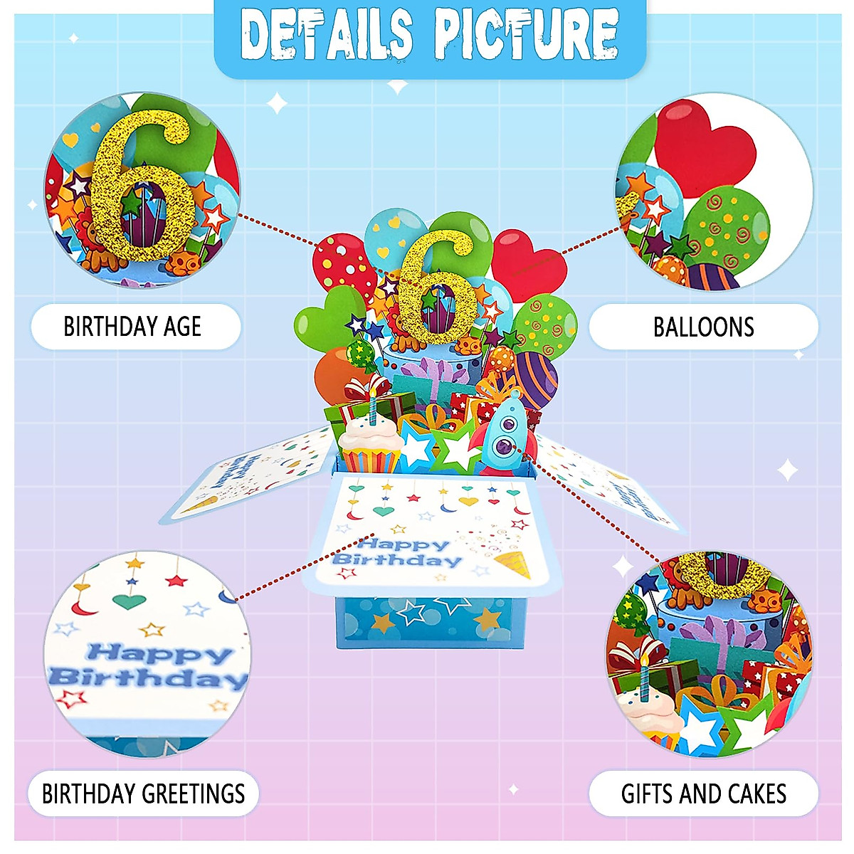 Asmallgf Funny 6th Birthday Pop Up Card from Mom Dad, Splendid 6 Years Old Birthday 3D Greeting Card for Young Boy Girl, Best 6 Bday Gift Ideas for Cute Kids, (As-061-BH)
