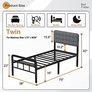 EMODA 16 Inch Twin Size Bed Frames with Upholstered Headboard and Metal Footboard, Heavy Duty Metal Slats Support Mattress Foundation, No Box Spring Needed, Easy Assembly