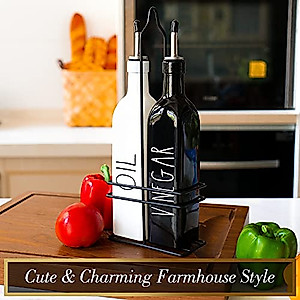 Brighter Barns Farmhouse Oil and Vinegar Dispenser Set Black & White Olive Oil Dispenser Bottle with Caddy Holder & Stainless Steel Spout - Cute Modern Vintage Glass Cruet for Kitchen -500ml 17oz