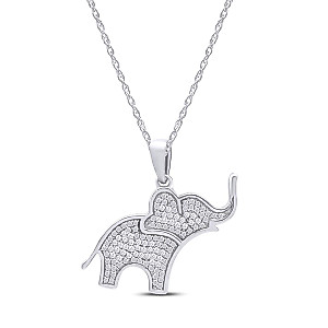 AFFY 1/8 Carat CT.t.w Round Cut White Natural Diamond Elephant Pendant Necklace in 14K White Gold Over Sterling Silver
