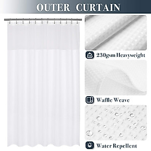 N&Y HOME Waffle Weave Shower Curtain with Snap-in Fabric Liner Set, 12 Hooks Included - Hotel Style, Waterproof & Washable, Heavyweight Fabric & Mesh Top Window - 71x72, White